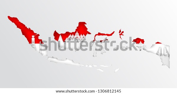 Indonesia Map Concept Famous Landmarks Paper: vector de stock (libre de ...