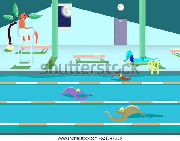 Indoor Scene Wolf Characters Swimming Pool: стоковая векторная графика ...