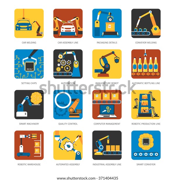 Industrial Automated Assembly Line Flat Icons Stock Vector (Royalty ...