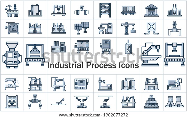 Industrial manufacturing process icons, industrial robot in production ...