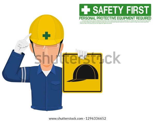 Industrial Worker Presenting Helmet Sign Stock Vector (Royalty Free ...
