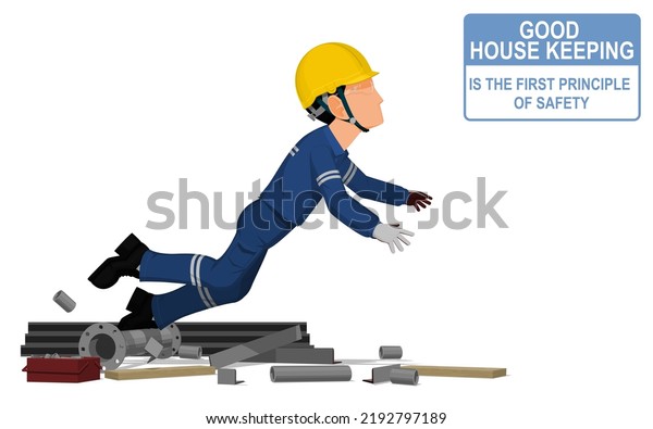 Industrial Worker Stumbling Down Messy Workplace Stock Vector (Royalty ...