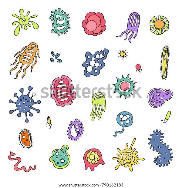 Infection bacteria and pandemic virus vector biology hand draw icons ...