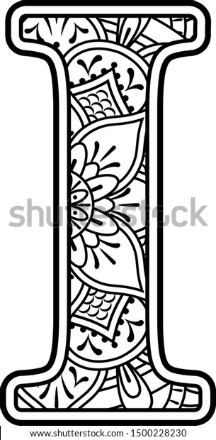 initial i in black and white with doodle ornaments and design elements ...