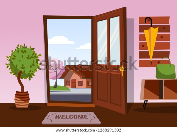 Vektor Stok Interior Hallway Flat Cartoon Style Open (Tanpa Royalti ...