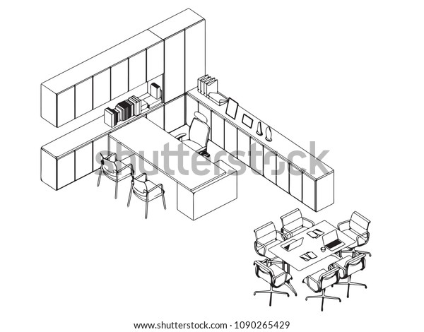 Interior Outline Isometric Wireframe Sketch Drawing Stock Vector ...
