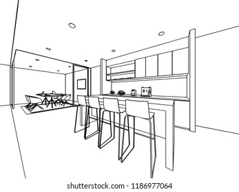 Interior Outline Wireframe Sketch Drawing Perspective: เวกเตอร์สต็อก ...