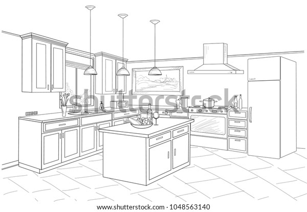 Interior Sketch Kitchen Room Outline Blueprint Stock Vector (Royalty ...