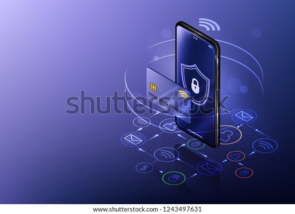 Internet banking concept. Isometric mobile phone banner. Online payment ...