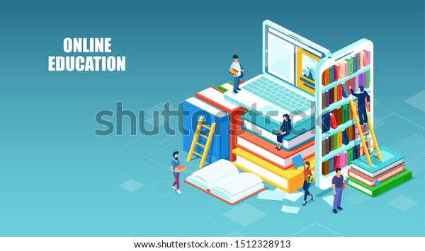 Internet education concept. Vector of students picking books online ...