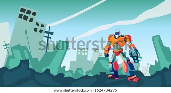 Invasion Attack Robot Destroys City Into Stock Vector (Royalty Free ...