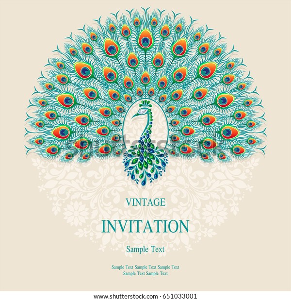 Invitation card templates with peacock patterned and crystals on paper ...