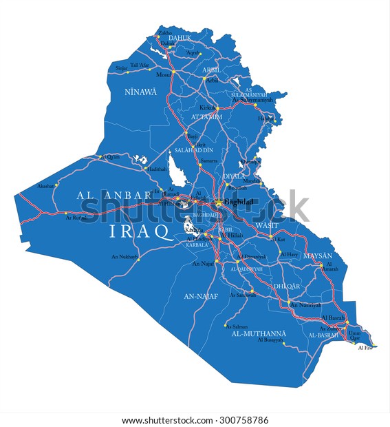Iraq map with administrative regions, main cities and roads.