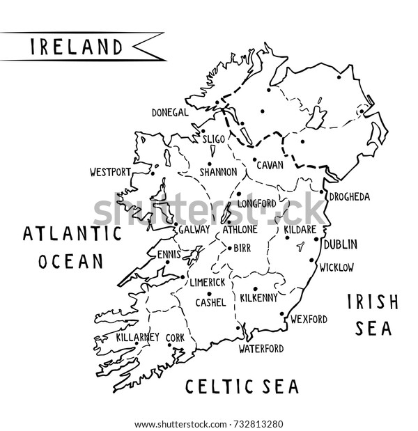 Ireland hand drawn map vector illustration with main cities including ...