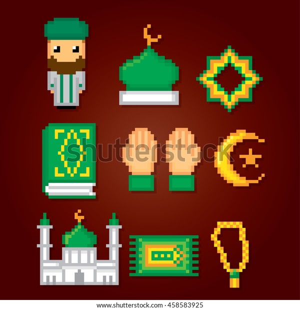 Islam Icons Set Pixel Art Old Stock Vector (Royalty Free) 458583925