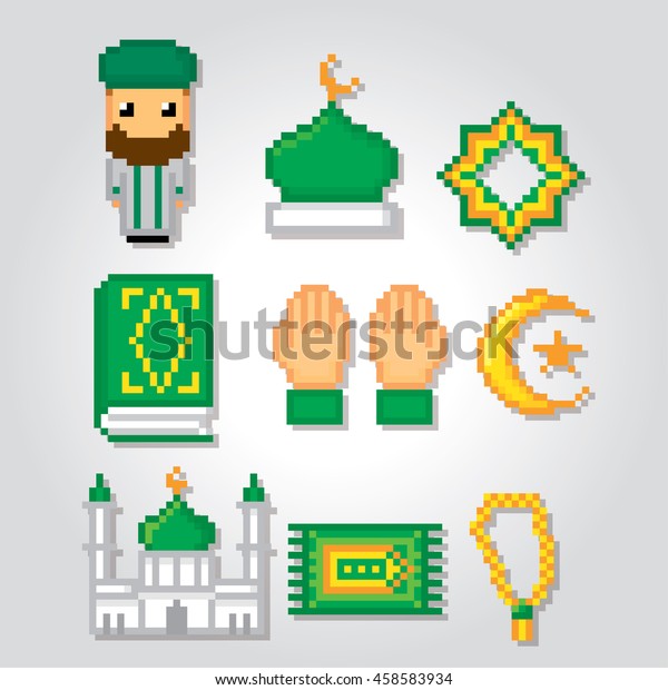 Islam Icons Set Pixel Art Old Stock Vector (Royalty Free) 458583934