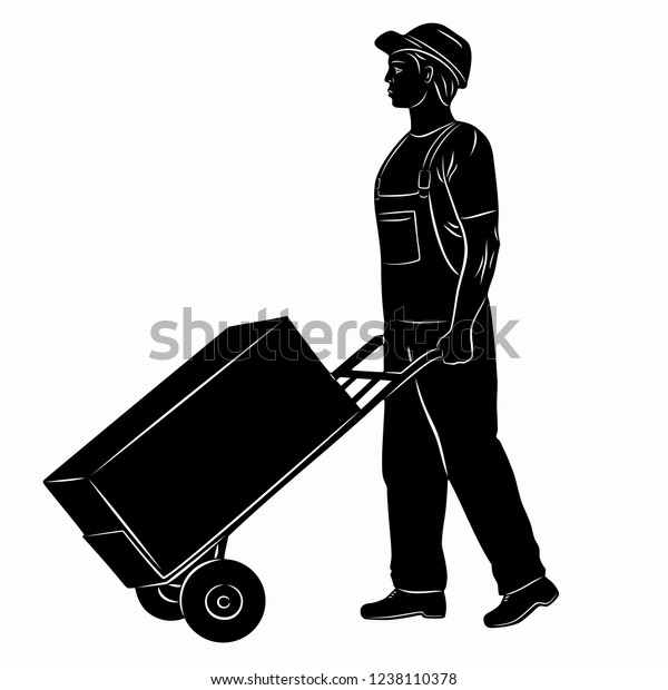 Isolated Illustration Worker Cart Black White Stock Vector (Royalty ...