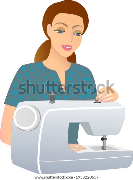 Isolated Vector Drawing Girl Sewing Machine Stock Vector (Royalty Free ...