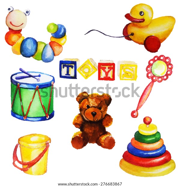 Isolated Watercolor Hand Painted Set Toys Stock Vector (Royalty Free ...
