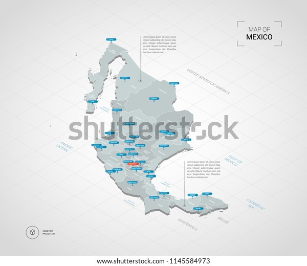 Isometric 3D Mexico map. Stylized vector map illustration with cities ...