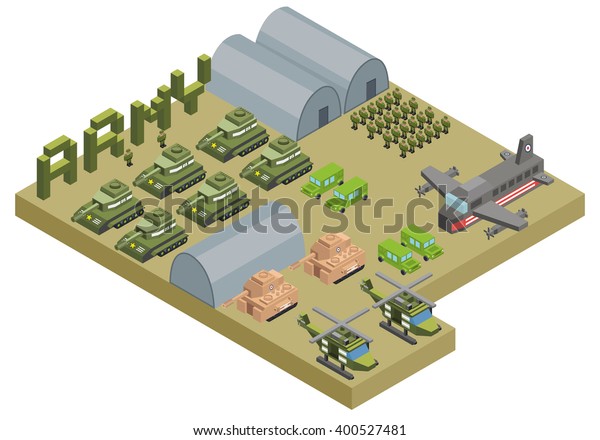 Isometric Army Base Camp Tank Helicopter : image vectorielle de stock ...