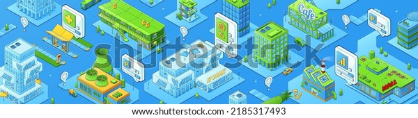 Isometric city map, megalopolis infrastructure with location pins ...
