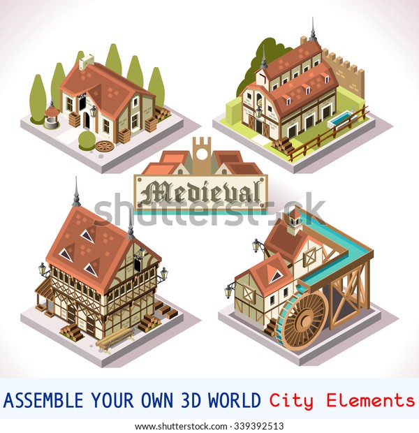 Isometric City Medieval Building Set Europe 스톡 벡터(로열티 프리) 339392513
