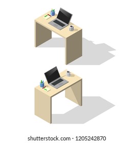 Isometric Computer Desk Laptop Workplace Concept Stock Vector (Royalty ...