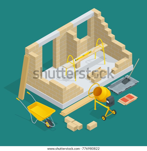 Isometric Construction Brick House House Building Stock Vector (Royalty ...