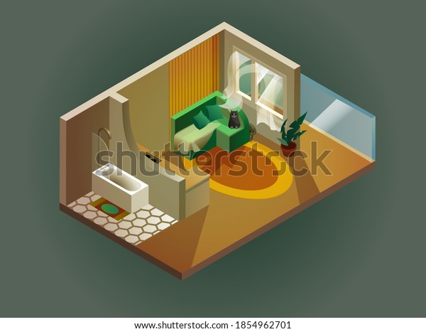 Isometric Drawing Studio Room Apartment Kitchen Stock Vector (Royalty ...