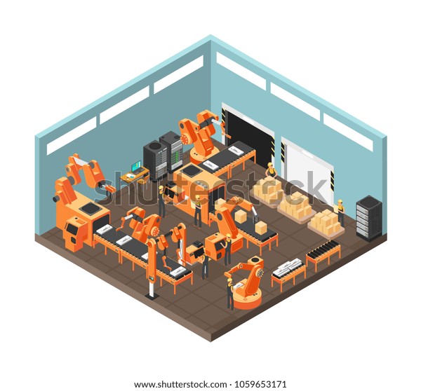 Isometric Factory Workshop Conveyor Line Workers Stock Vector (Royalty ...