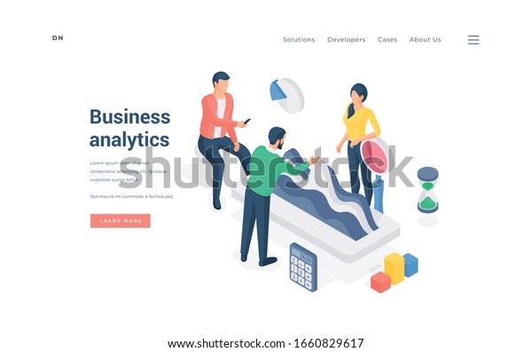 Isometric Group People Examining Discussing Charts Stock Vector ...