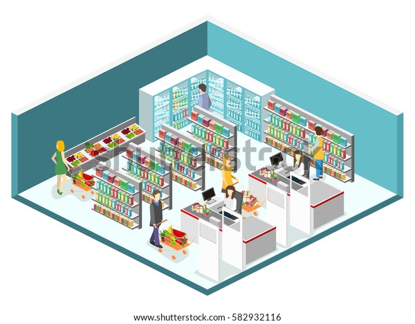 Isometric interior of grocery store. Shopping mall flat 3d isometric ...