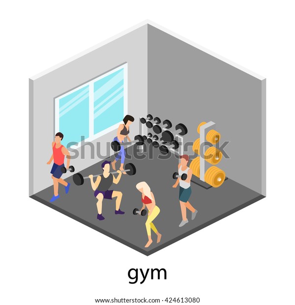 Isometric Interior Gym People Involved Sports Stock Vector (Royalty ...