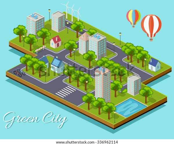 Isometric isolated green city concept. Eco city, green cityscape, green ...