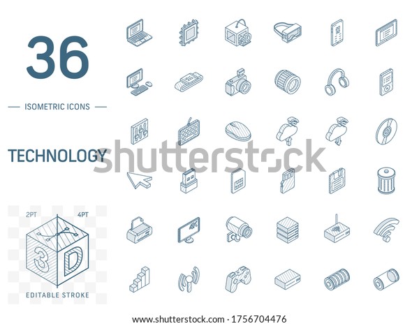 Isometric line art icon set. Vector illustration with technology ...