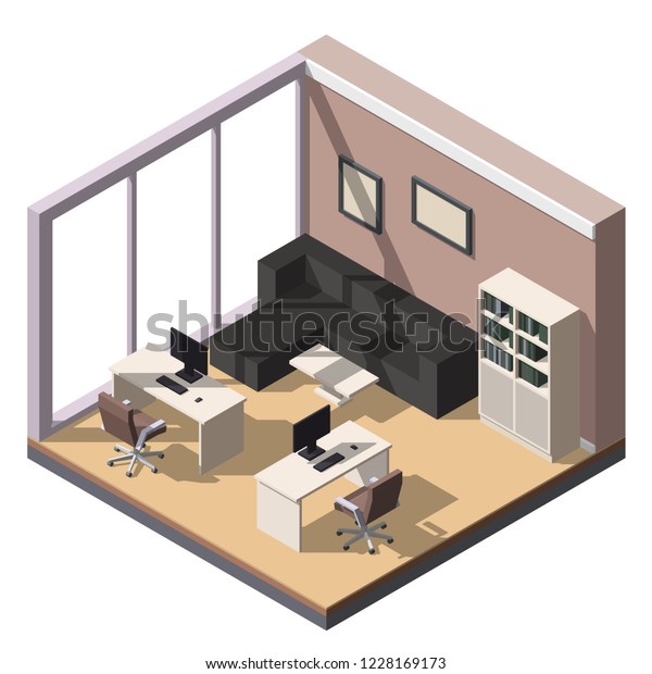 Isometric low poly office interior design.