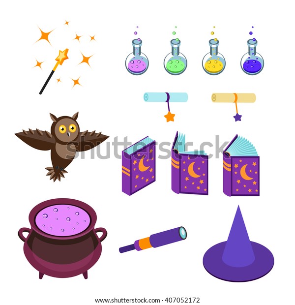 Isometric magical accessories isolated on white background. Magic wand ...