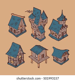 Vektor Stok Isometric Medieval Houses Set (Tanpa Royalti) 502377484 ...