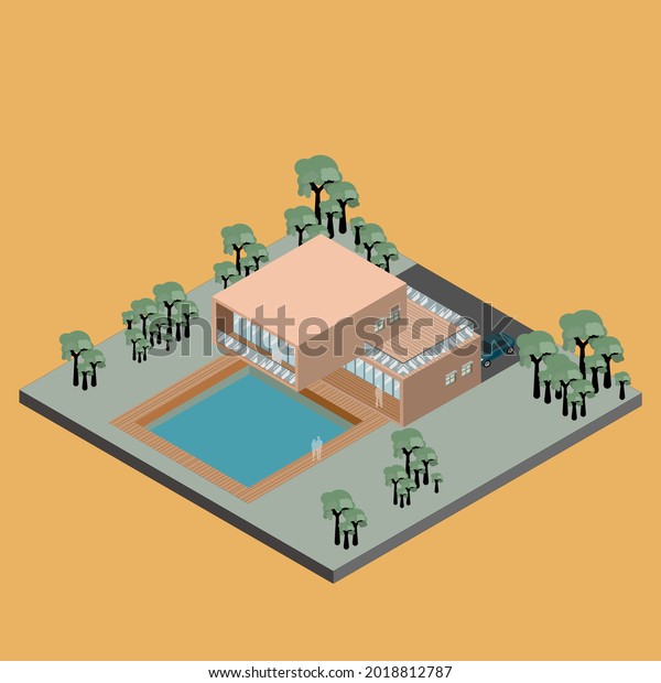 Isometric Minimal Modern House Pool Landscape Stock Vector (Royalty ...
