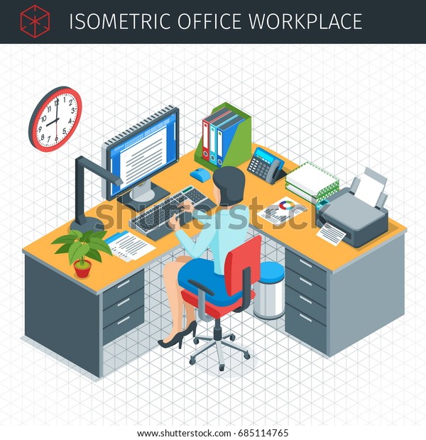Isometric Office Workplace Icons Set Businesswoman Stock Vector ...