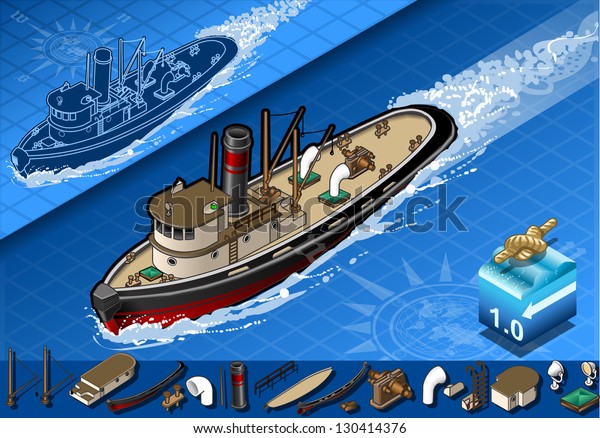 Isometric Old Tugboat Front View Stock Vector (Royalty Free) 130414376 Isometric Old Tugboat Front View Stock Vector (Royalty Free) 130414376