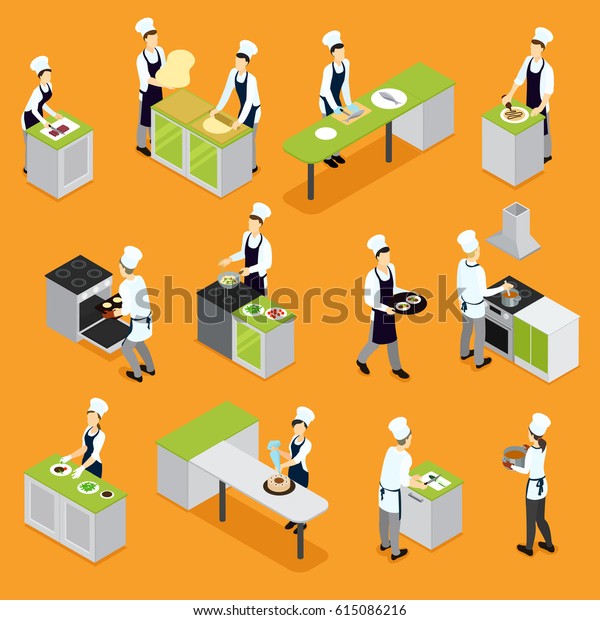 Isometric People Cooking Set Kitchen Furniture Stock Vector (Royalty ...