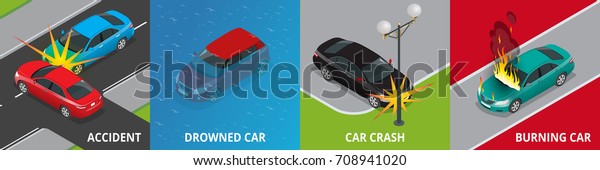 Isometric road accident, drowned car, car crash, burning car concept ...