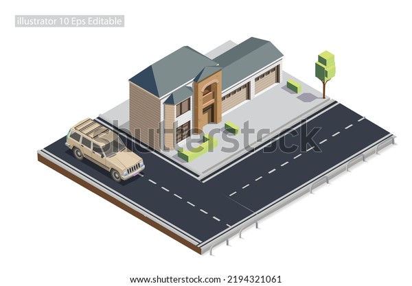 Isometric Roadside Mansion On Sidewalk Editable Stock Vector (Royalty ...