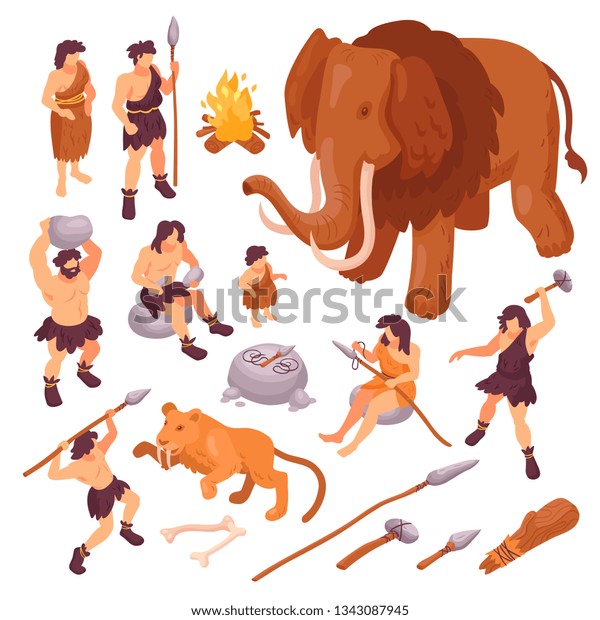 Isometric Set Icons Primitive People Their Stock Vector (Royalty Free ...