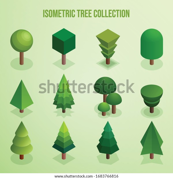 Conjunto isométrico de plantas de parques con árboles verdes y arbustos ...