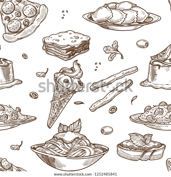 Italian cuisine sketch pattern background. Vector seamless design of ...