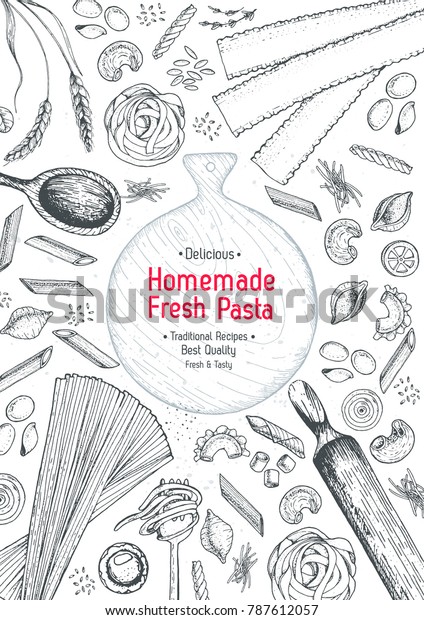 Italian pasta top view frame. Hand drawn vector illustration ...