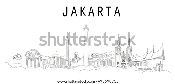Jakarta City Vector Panoramic Hand Drawing Stock Vector (Royalty Free ...